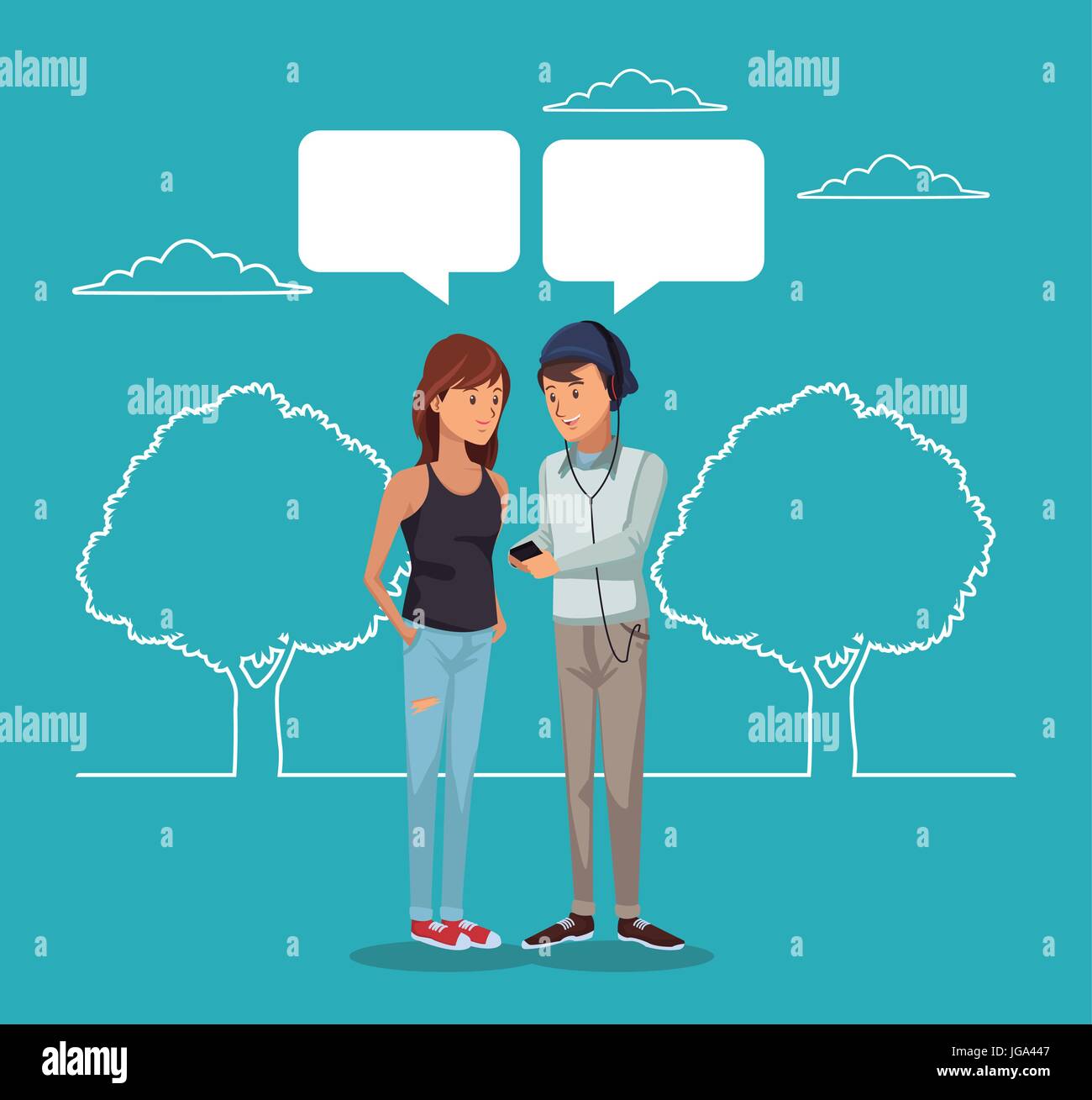 blue scene with silhouette landscape and colorful pair student standing ...