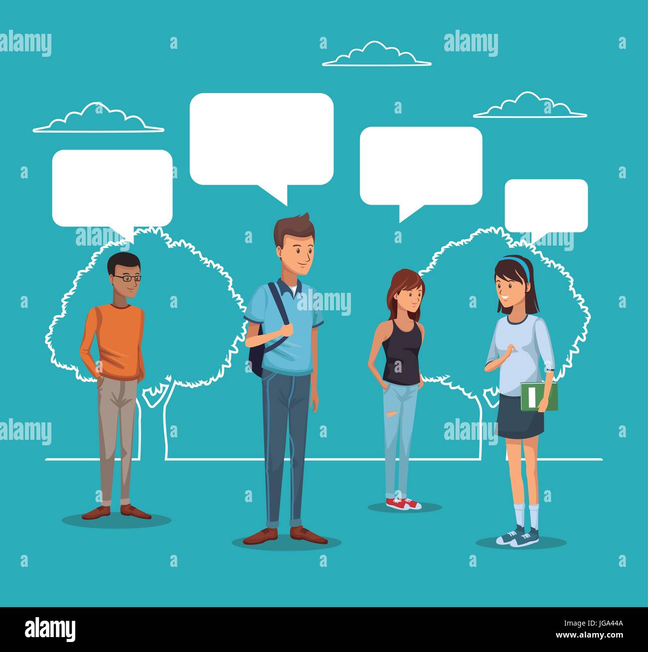 blue scene with silhouette landscape and colorful group student ...