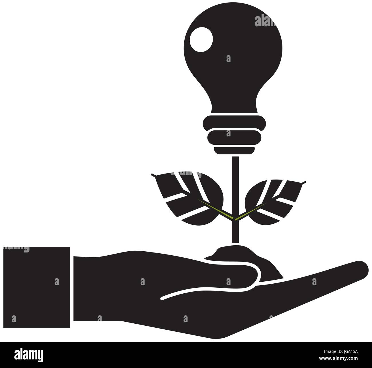 contour hand with energy bulb plant with leaves and ground Stock Vector ...