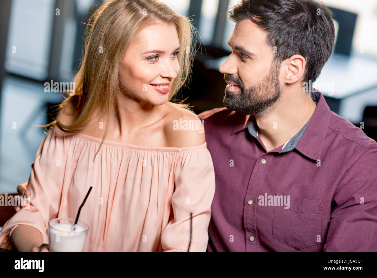 romantic couple in love spending time together on coffee break in ...