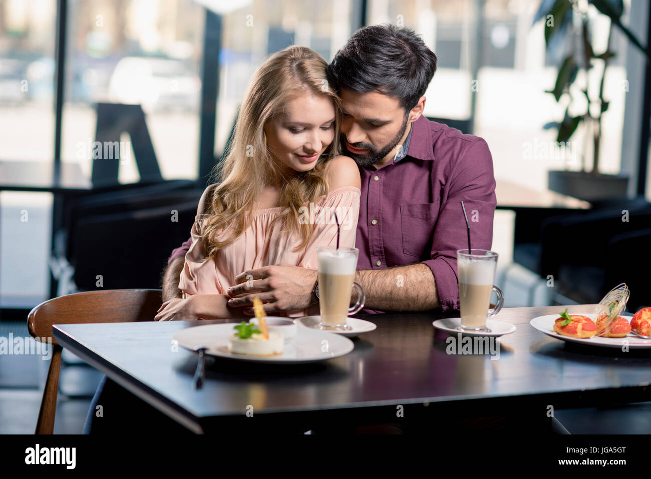 romantic couple in love spending time together on coffee break in ...