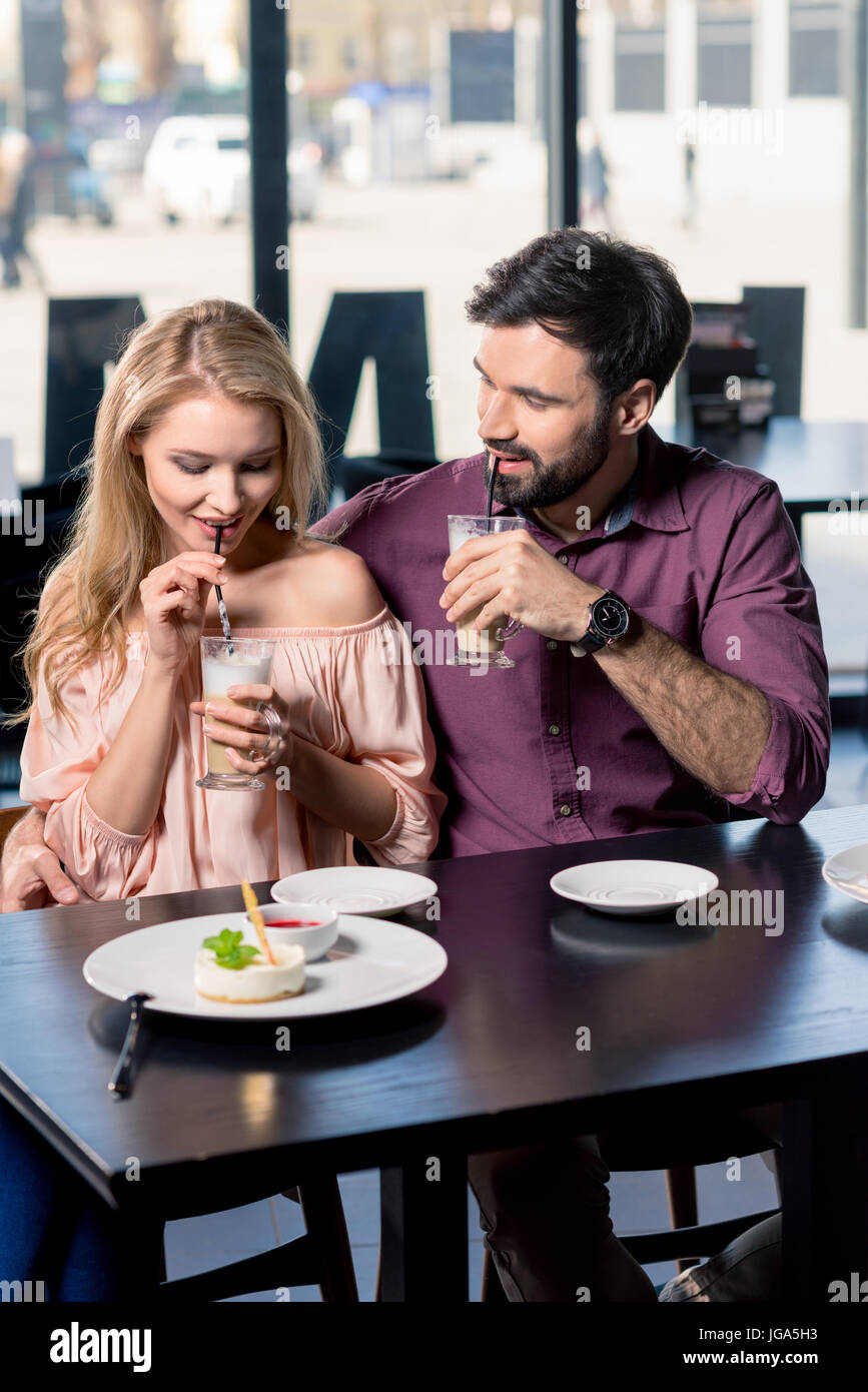 romantic couple in love spending time together on coffee break in ...