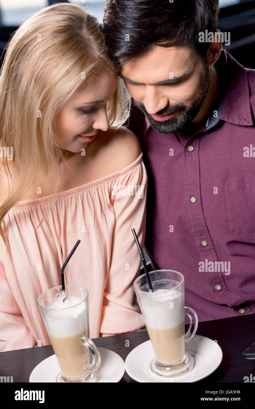 romantic couple in love spending time together on coffee break in ...