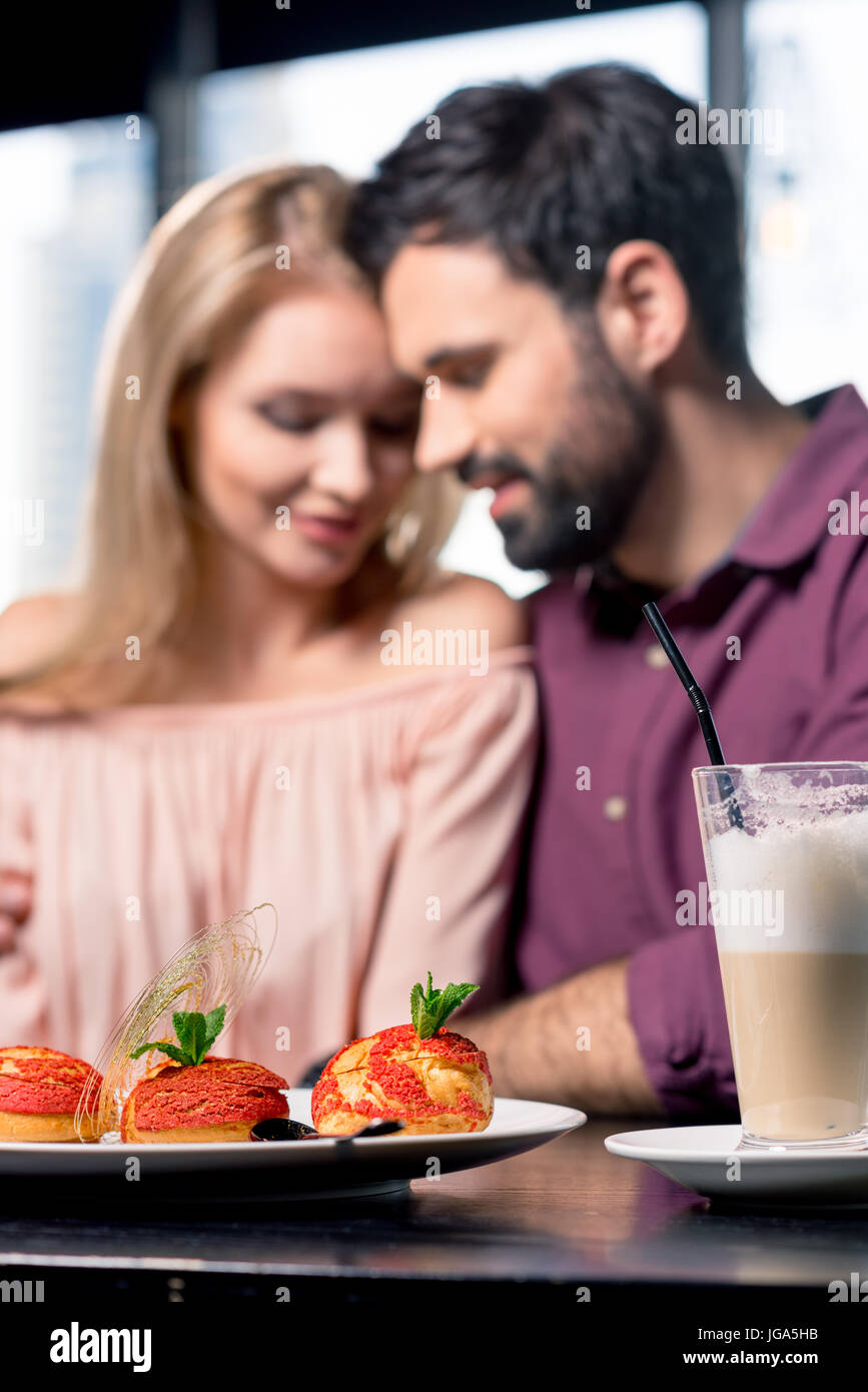 romantic couple in love spending time together on coffee break in ...
