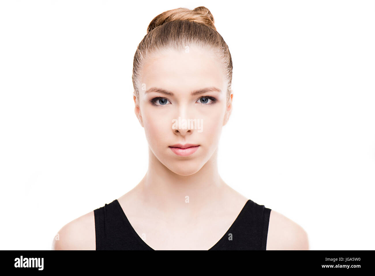 caucasian woman with clean fresh skin looking at camera isolated on ...