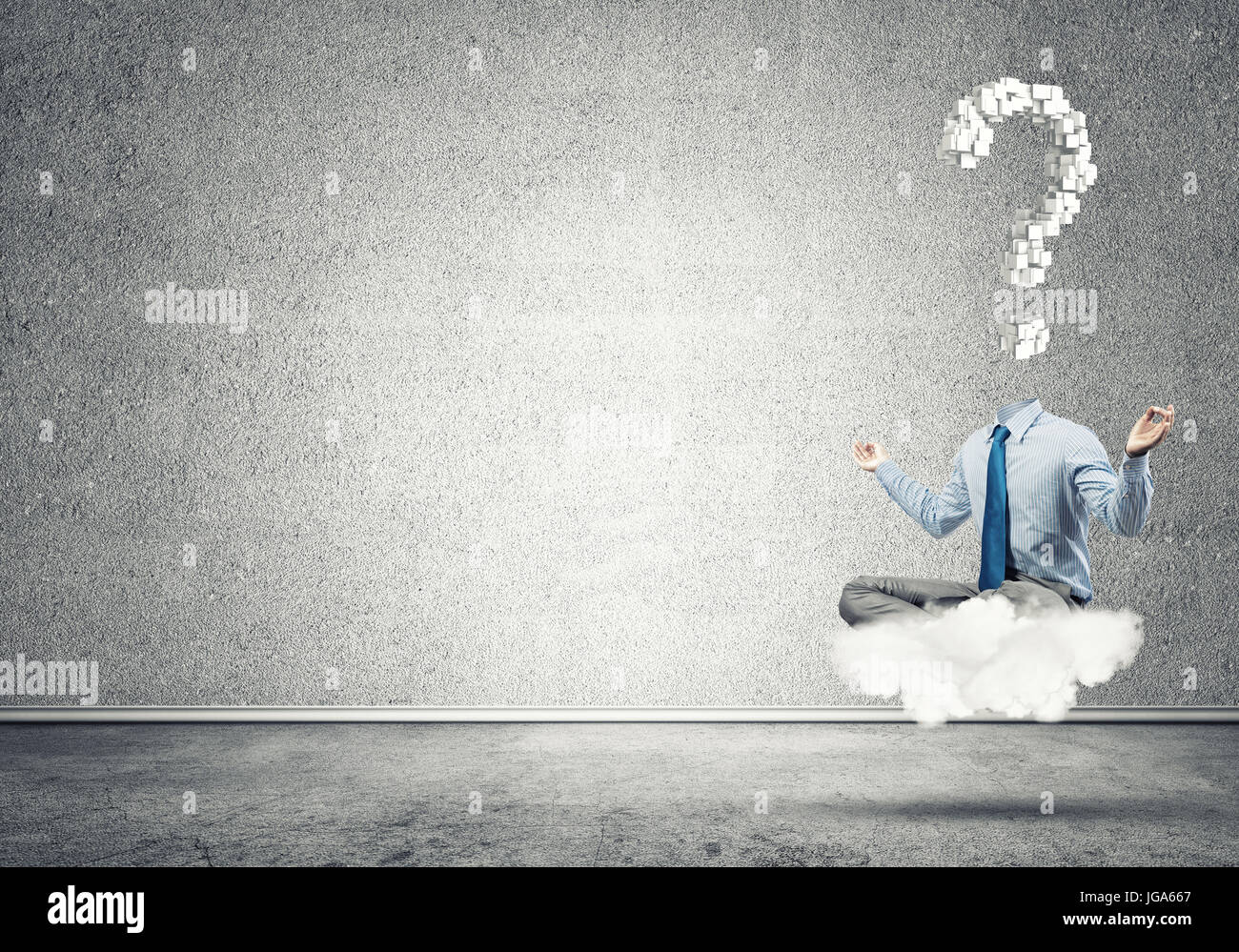 Businessman sitting in lotus pose and question mark instead of his head ...