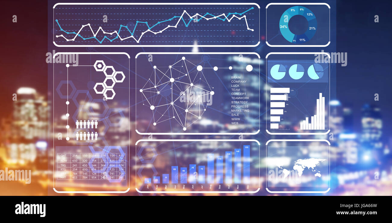 Virtual panel with graphs and diagrams and amazing night view of ...
