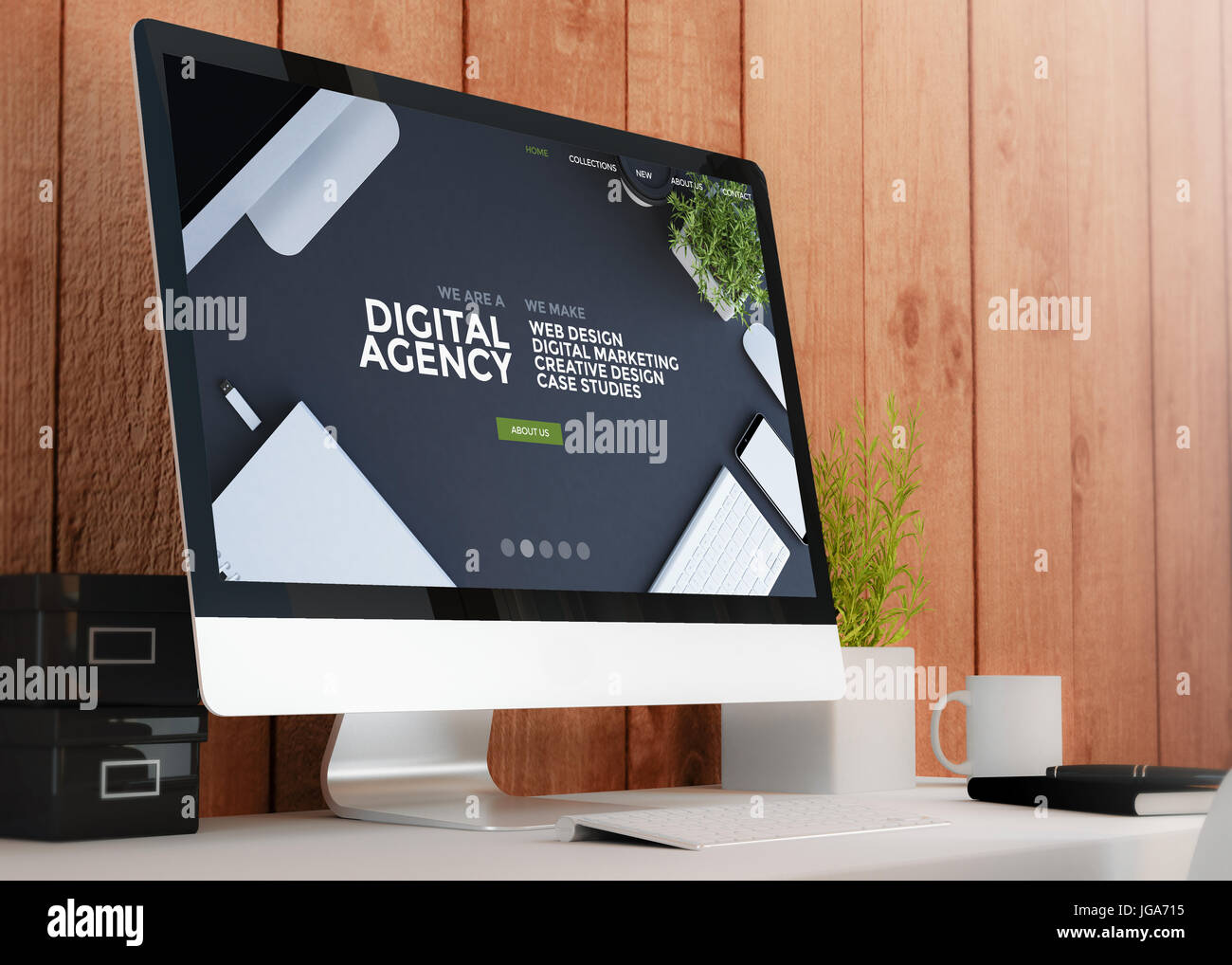 modern wooden workspace with computer digital agency website design ...