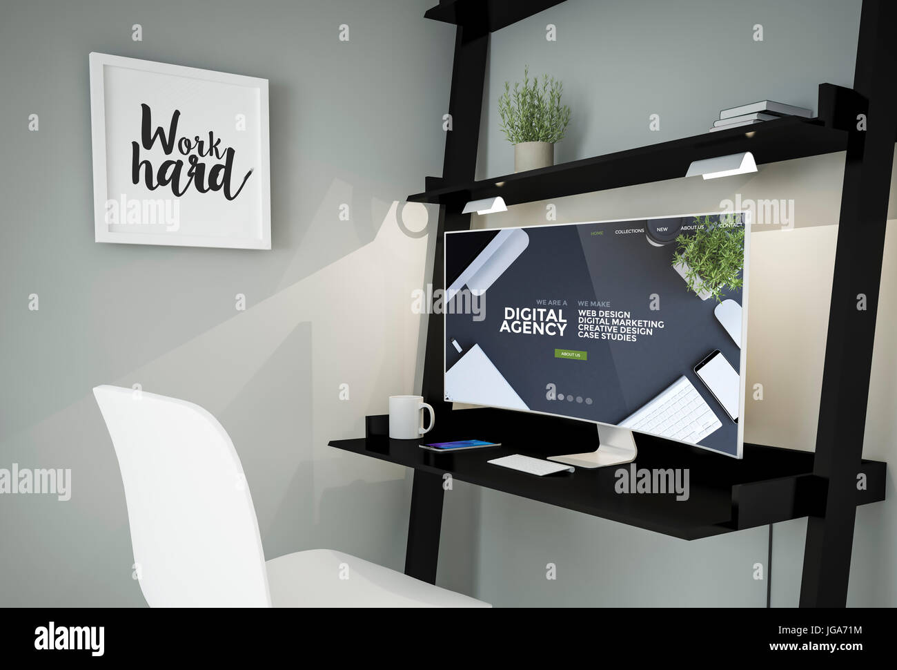 3d rendering of workplace with curved screen computer showing digital ...