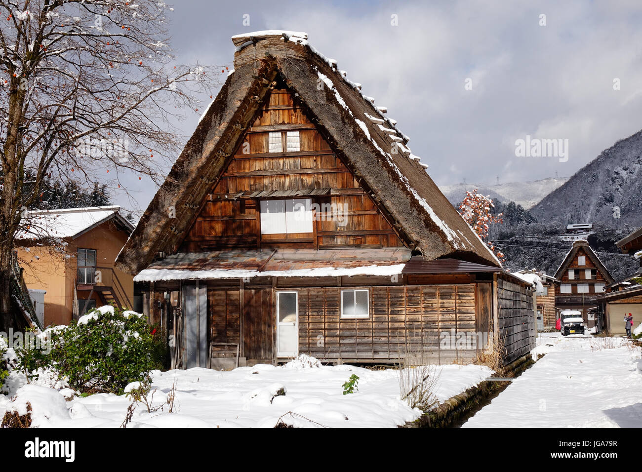 Gifu, Japan - Dec 29, 2015. Facade of the wooden house at Shirakawa-go ...