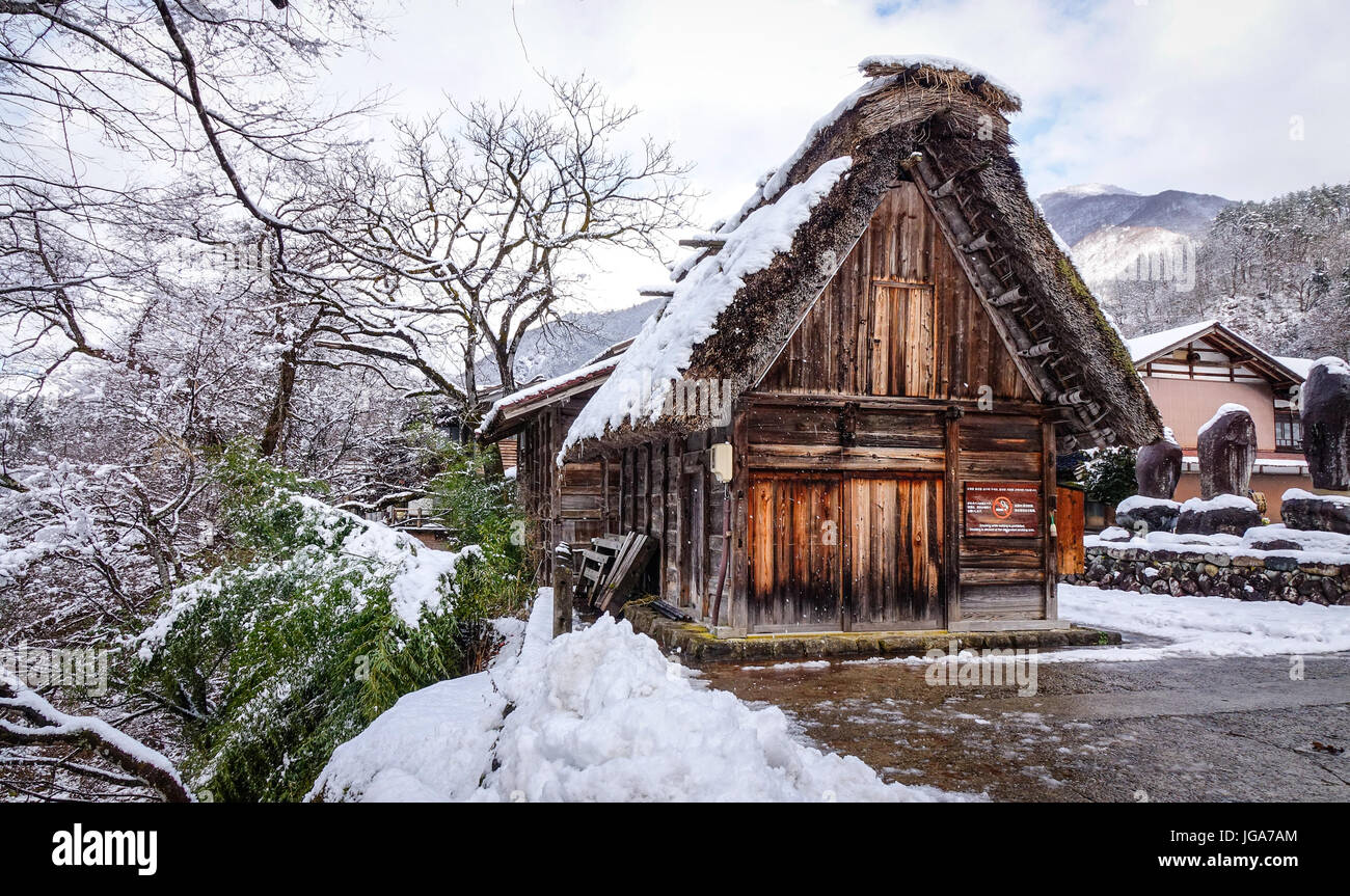 Gifu, Japan - Dec 29, 2015. A wooden house with snow at Shirakawa-go ...