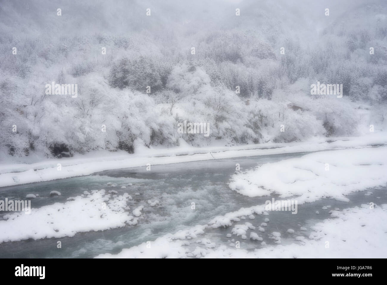 Winter scenery with trees and snow in Japan. Watercolor effects by ...