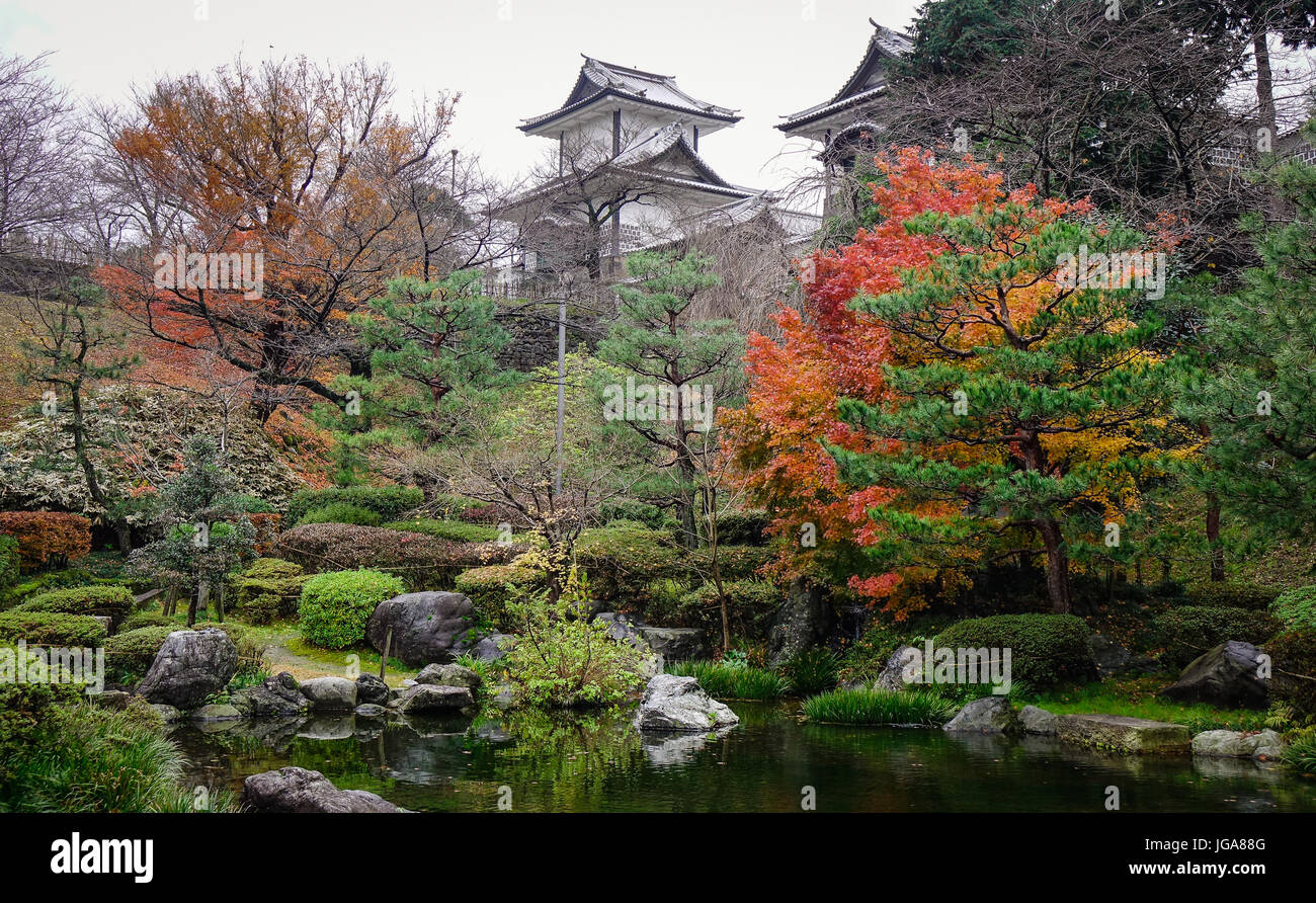 Autumn trees at the garden with ancient castle in Kanazawa, Japan Stock ...