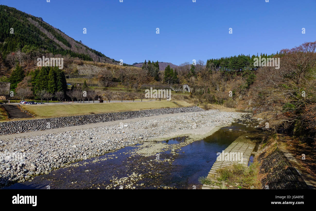 Mountain scenery with a stream at sunny day in Gifu, Japan Stock Photo ...