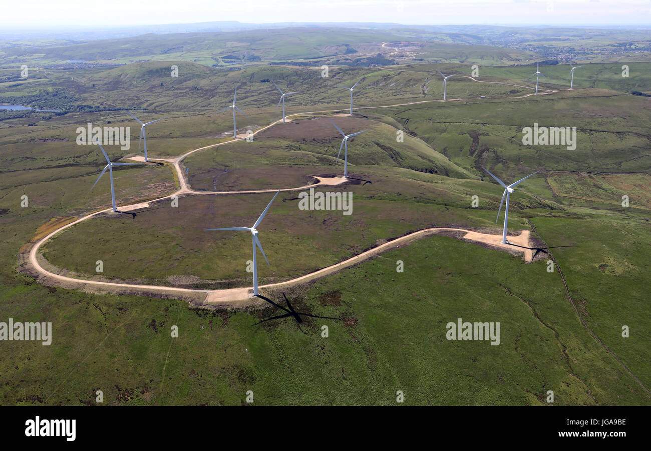 aerial view of wind farm turbines on the Pennines, north east of ...