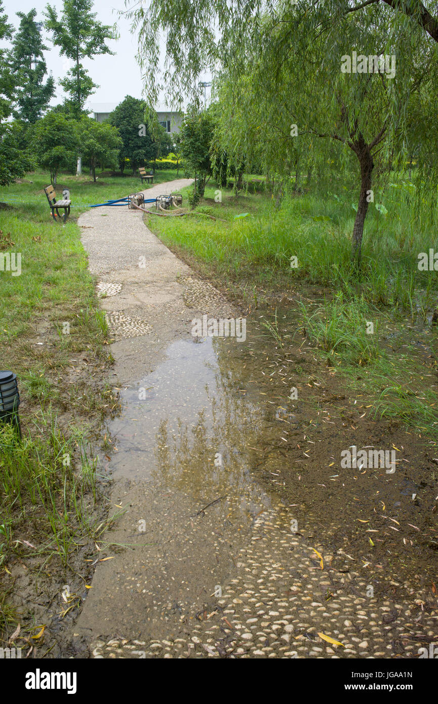 Water from over-full pond flooding footpath, with drainage pumps in ...