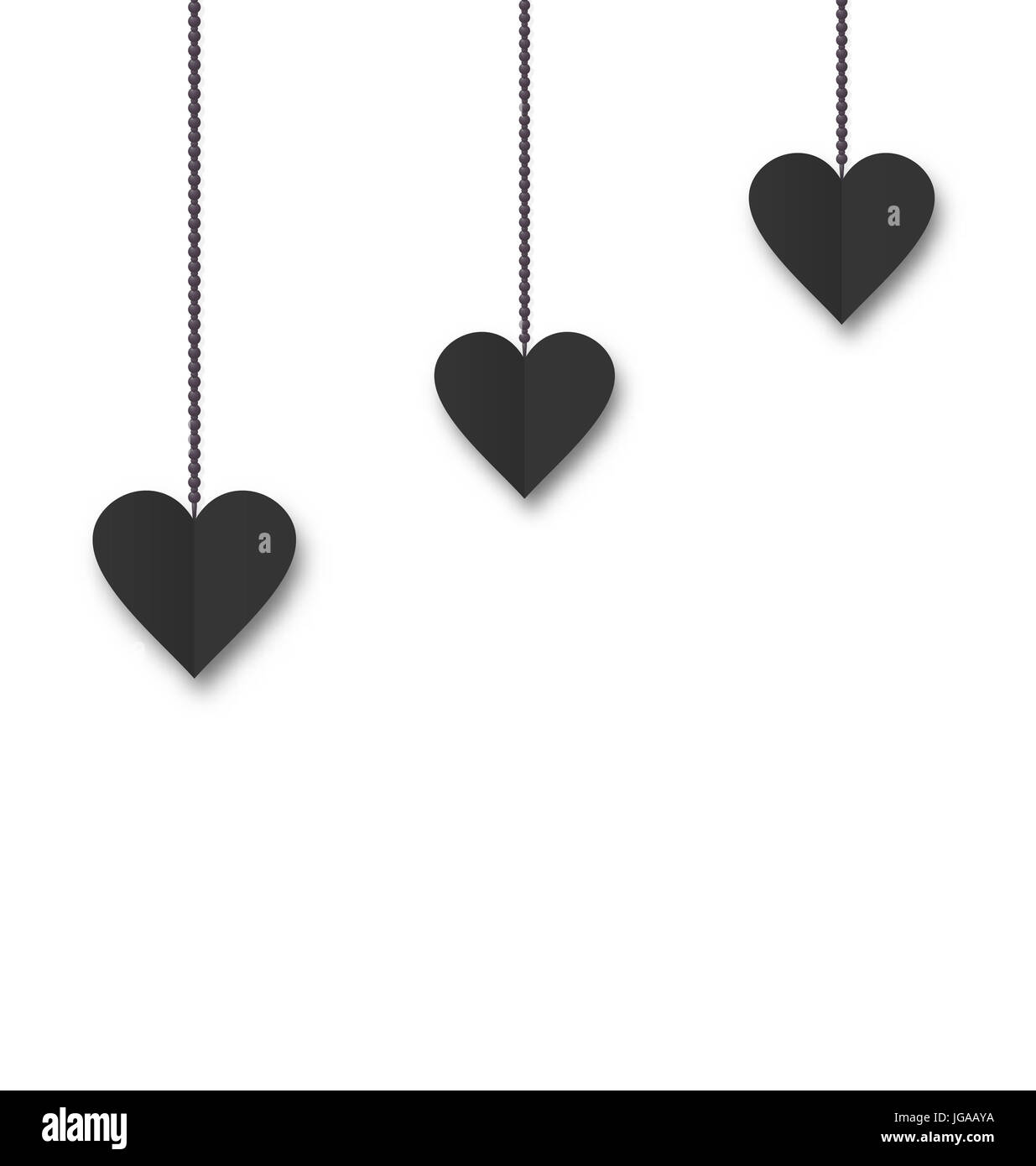 Hearts of black paper hanging on strings on white background. Valentine ...