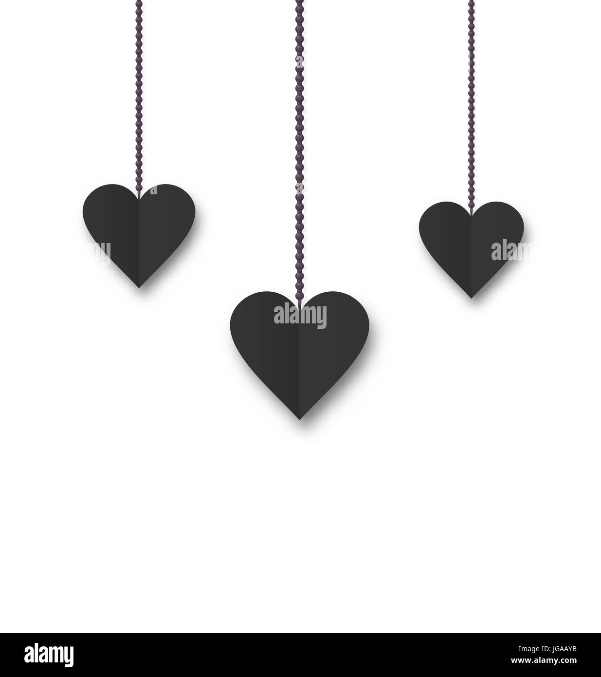 Hearts of black paper hanging on strings on white background. Valentine ...