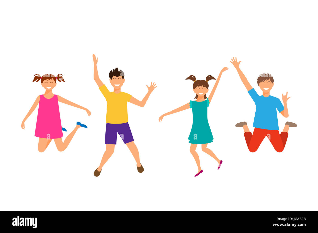 Happy Cartoon Cheerful Young Girls and Boys Jumping. Children Isolated ...