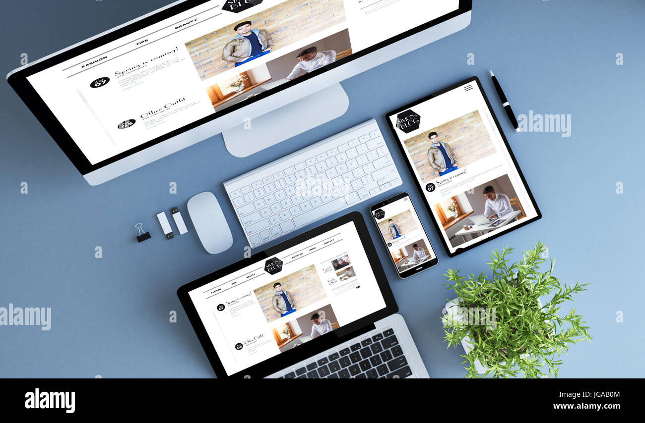 blue devices top view blog 3d rendering. Some elements furnished by ...