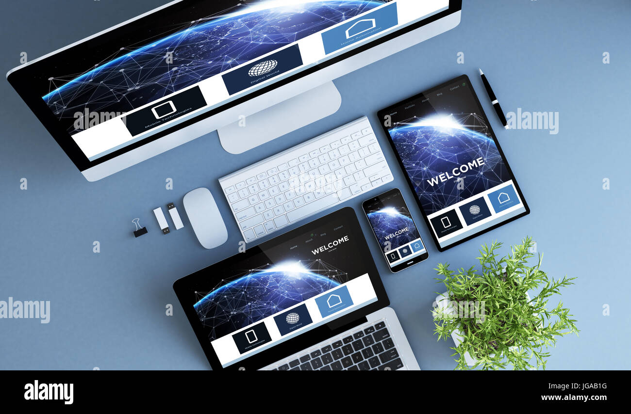 blue devices top view home design e-shop 3d rendering. Some elements ...