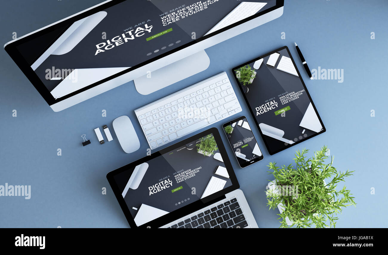 blue devices top view digital agency 3d rendering Stock Photo - Alamy