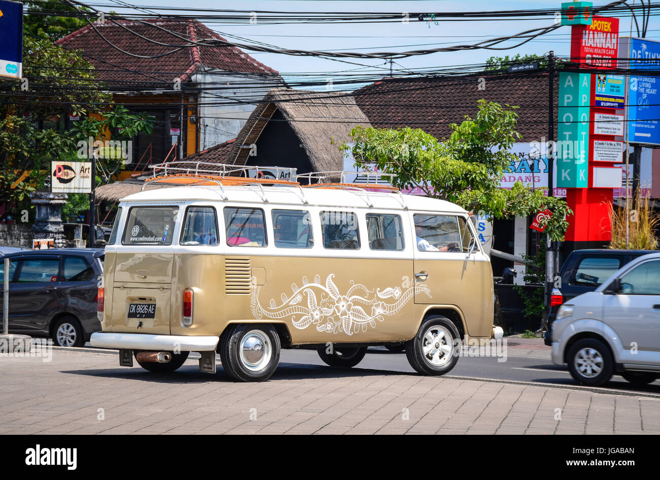 Bali, Indonesia - Apr 22, 2016. A vintage bus running on street in Bali ...