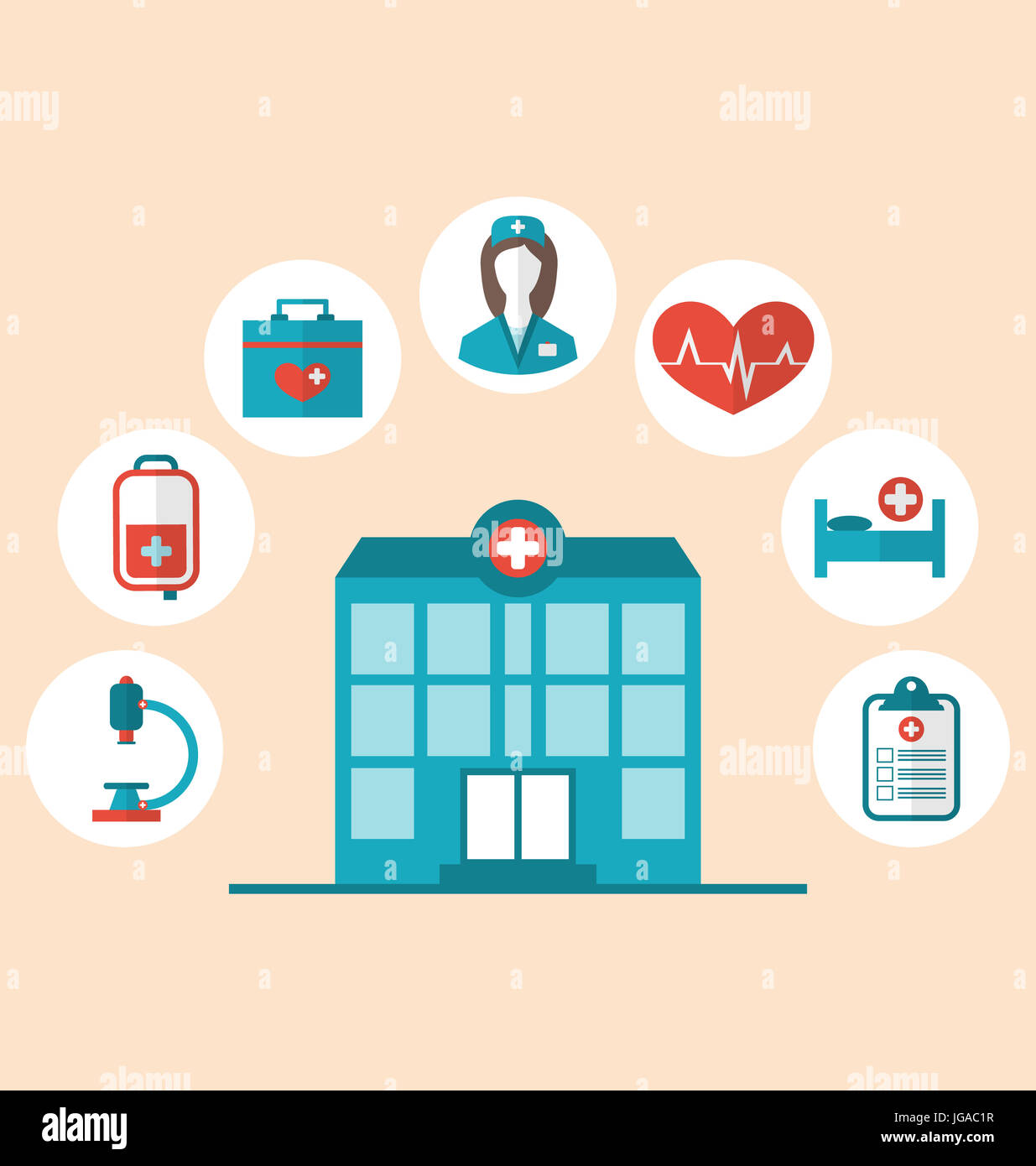 Illustration flat trendy icons of hospital and another medical objects ...