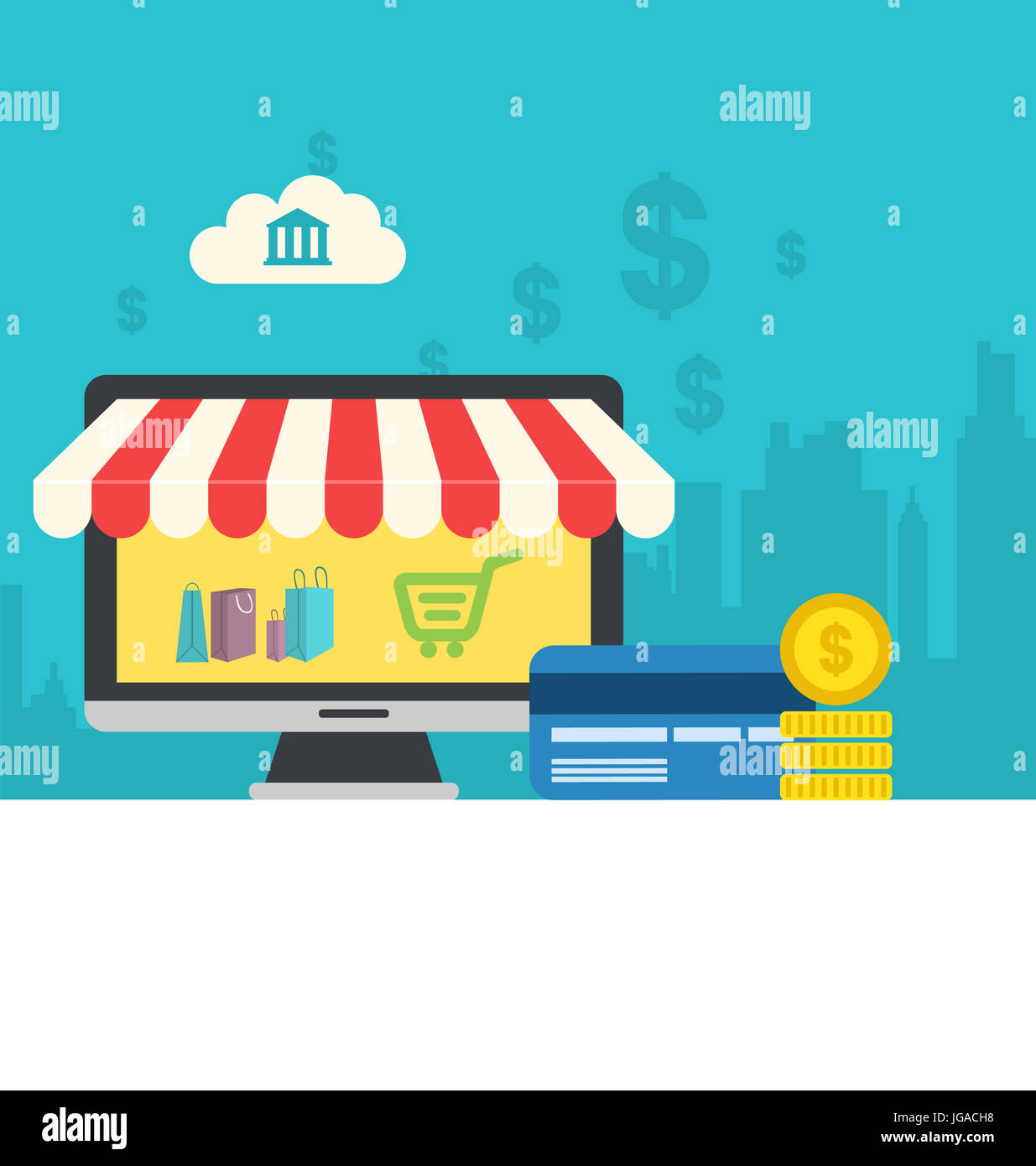 Illustration concept of online shop, flat icons of computer, credit ...