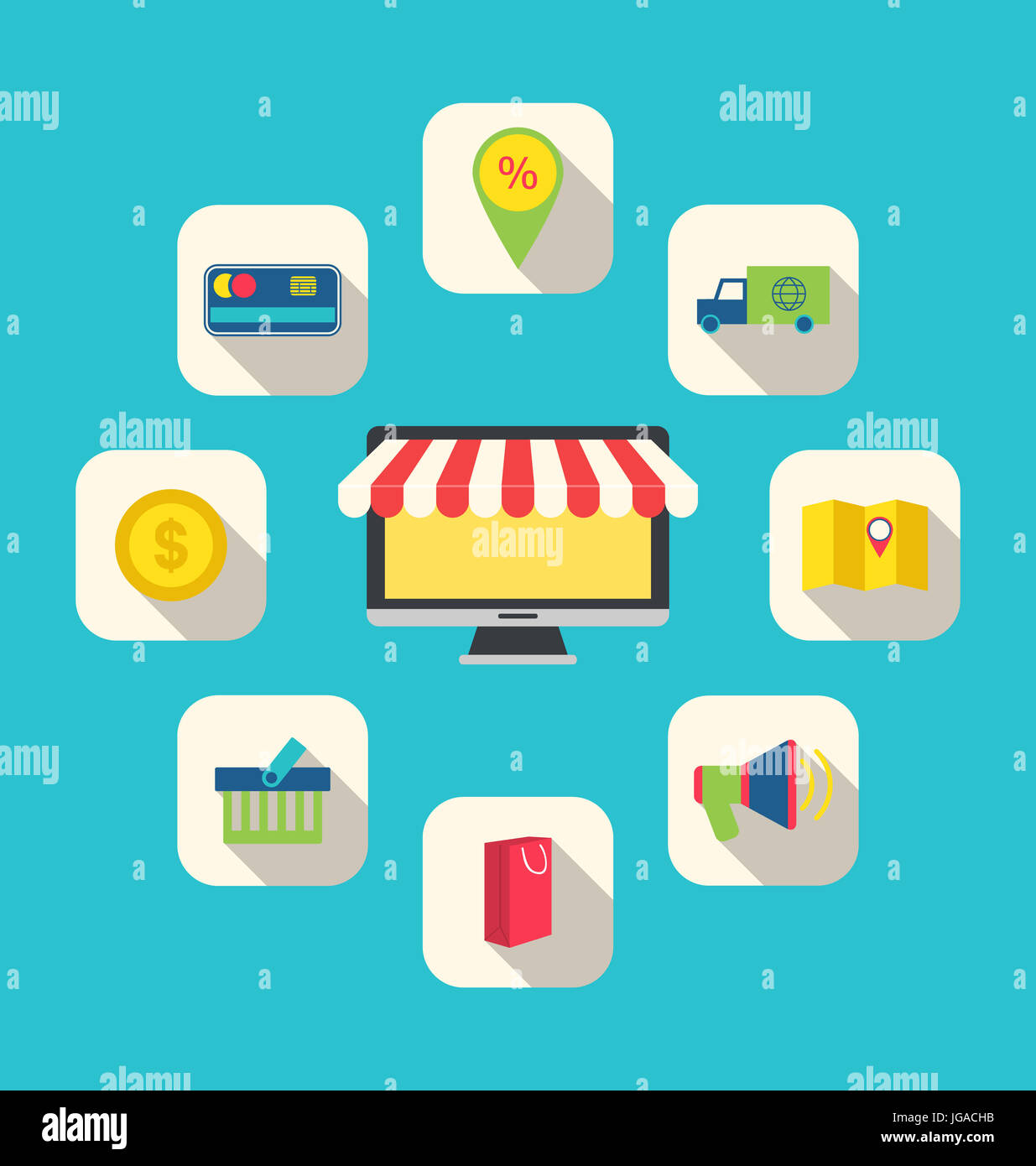 Illustration Flat Icons of E-commerce Shopping Symbols, Online Shop ...