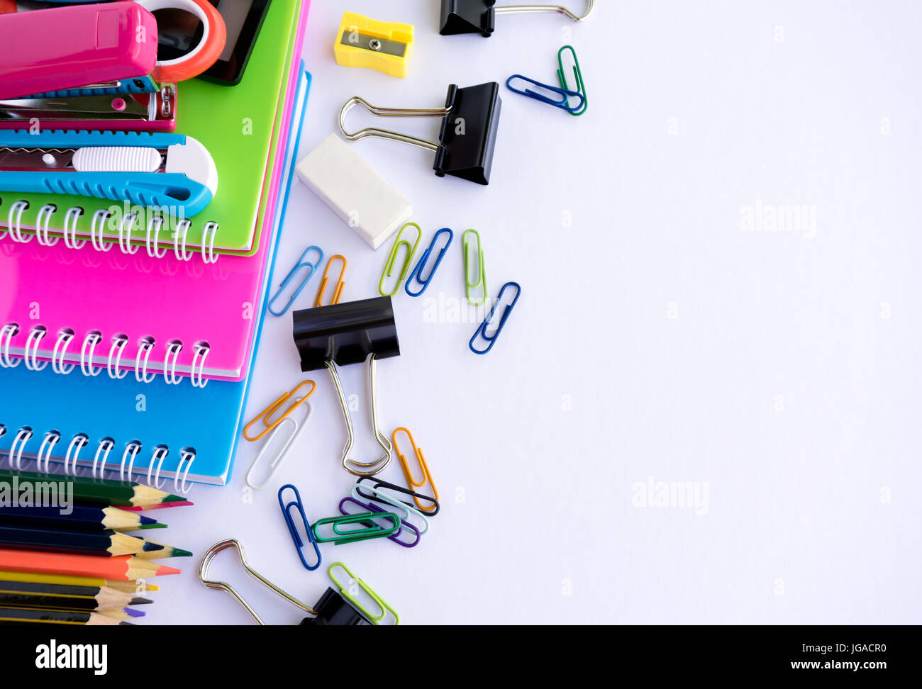 Office supplies on white background Stock Photo - Alamy