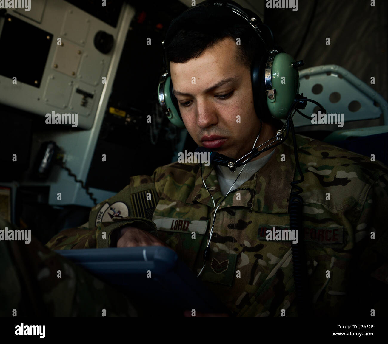 A U.S. Air Force KC-135 Stratotanker boom operator, assigned to the ...