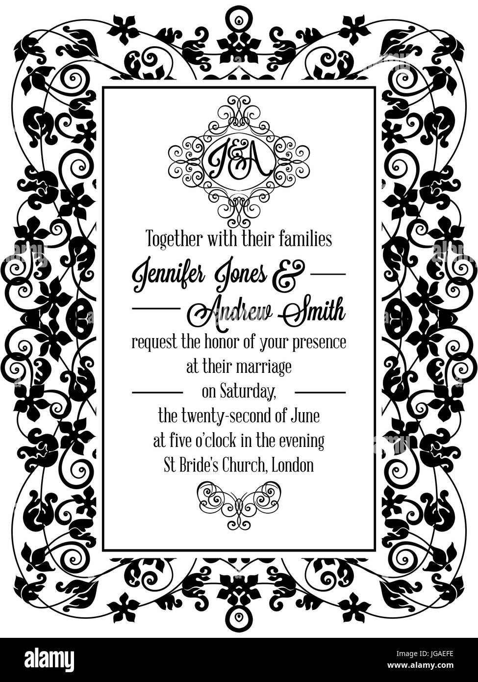 Elegant floral swirls, lacy pattern ornate frame, monogram and place ...