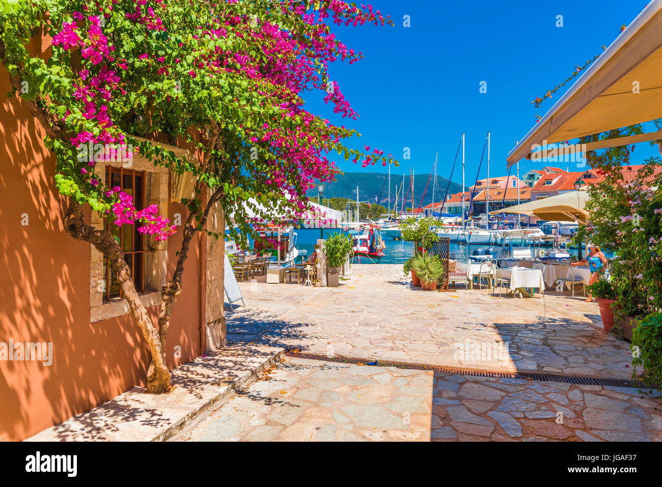 Fiskardo village and harbor on Kefalonia Ionian island, Greece Stock ...