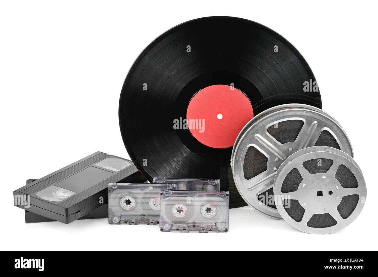 vinyl record, video and audio cassettes isolated on white background ...