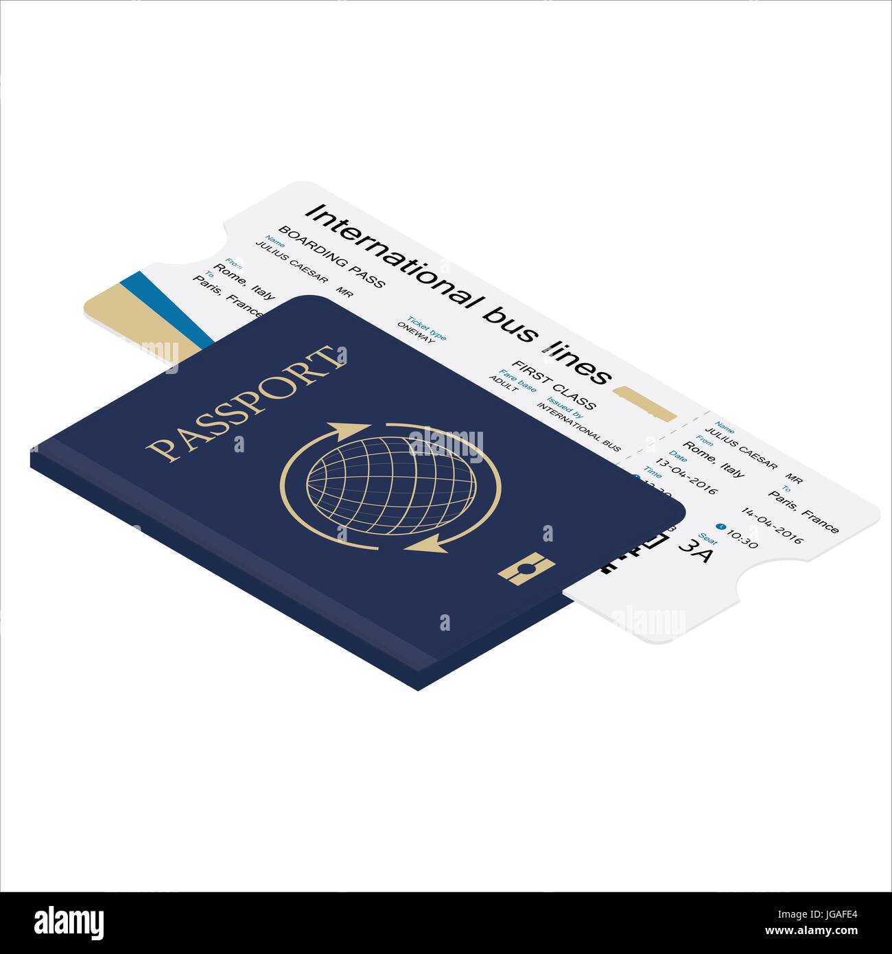 Isometric 3d passport and boarding pass vector illustration. Bus ticket ...