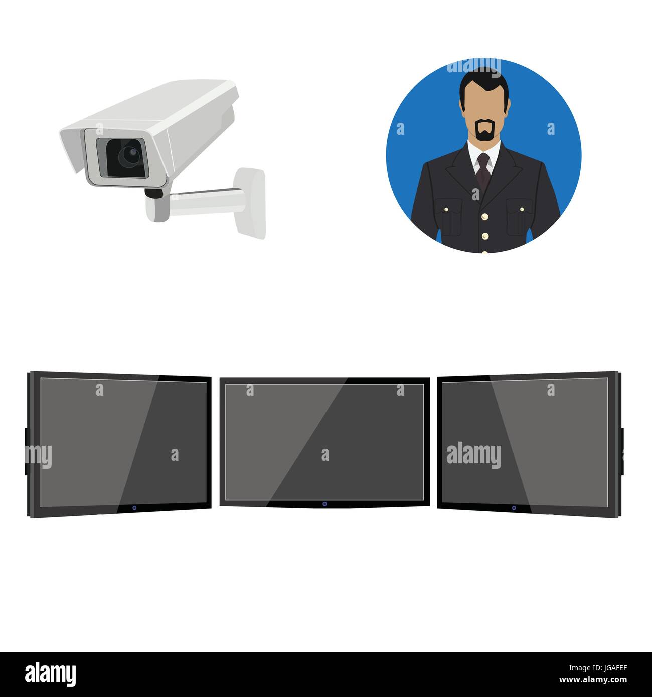 Vector illustration security system operator, monitors and camera icon ...
