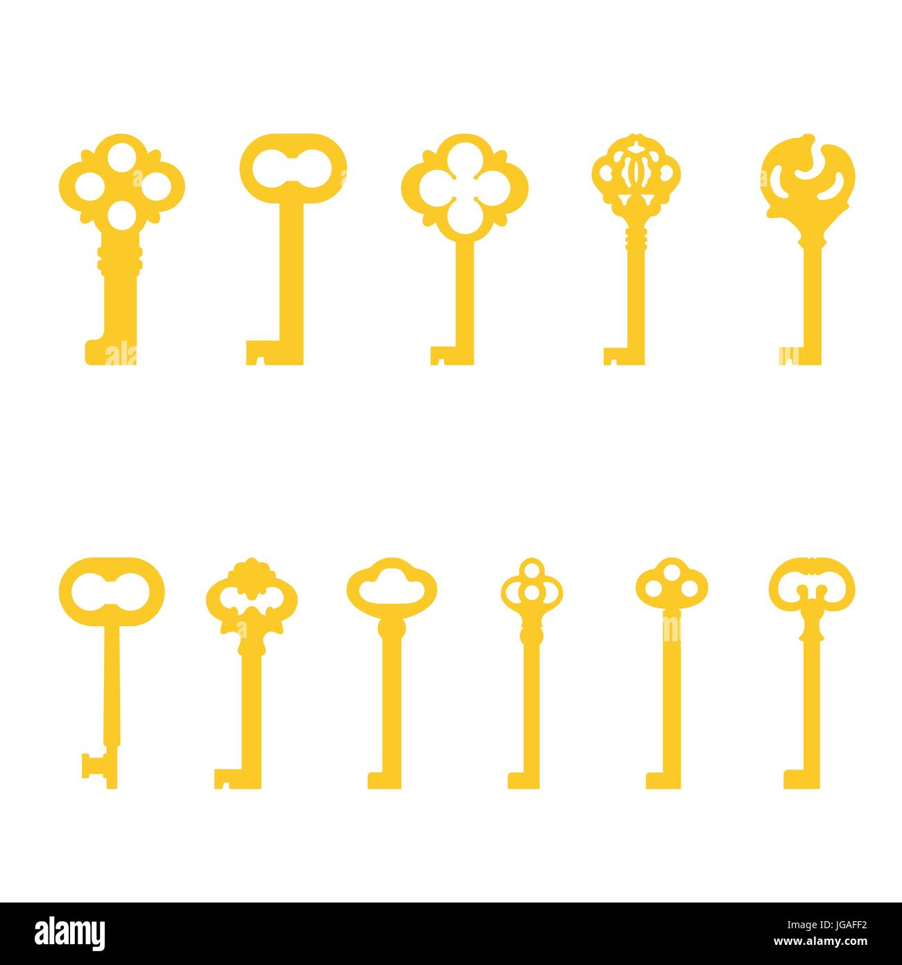 Vector illustration set, collection of golden old key silhouette ...