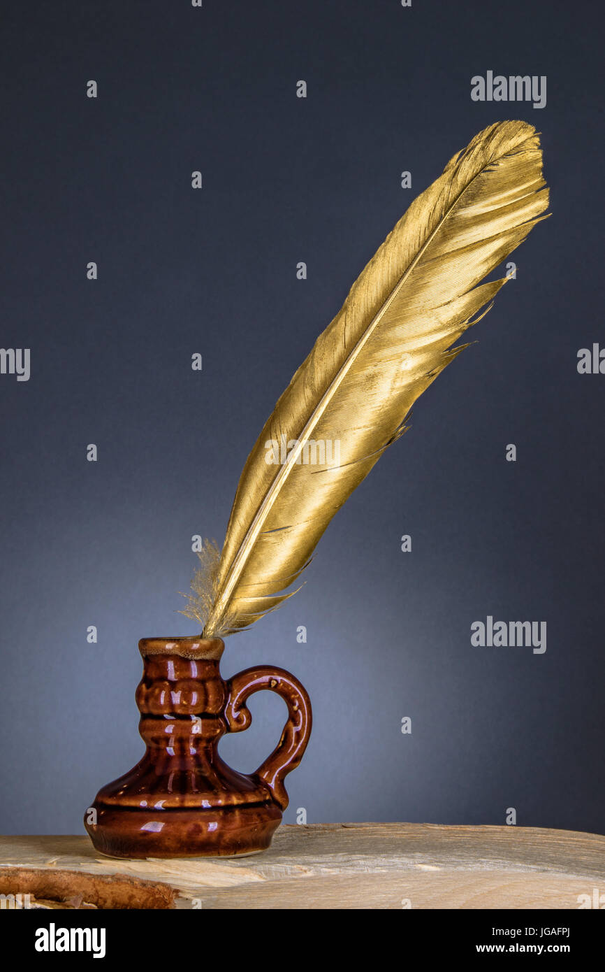Education and literature concept. Abstract wood desktop with gold quill ...