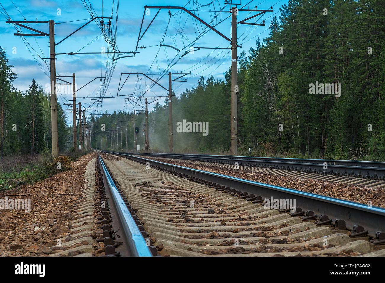 Railroad track winding through forest Stock Photo - Alamy