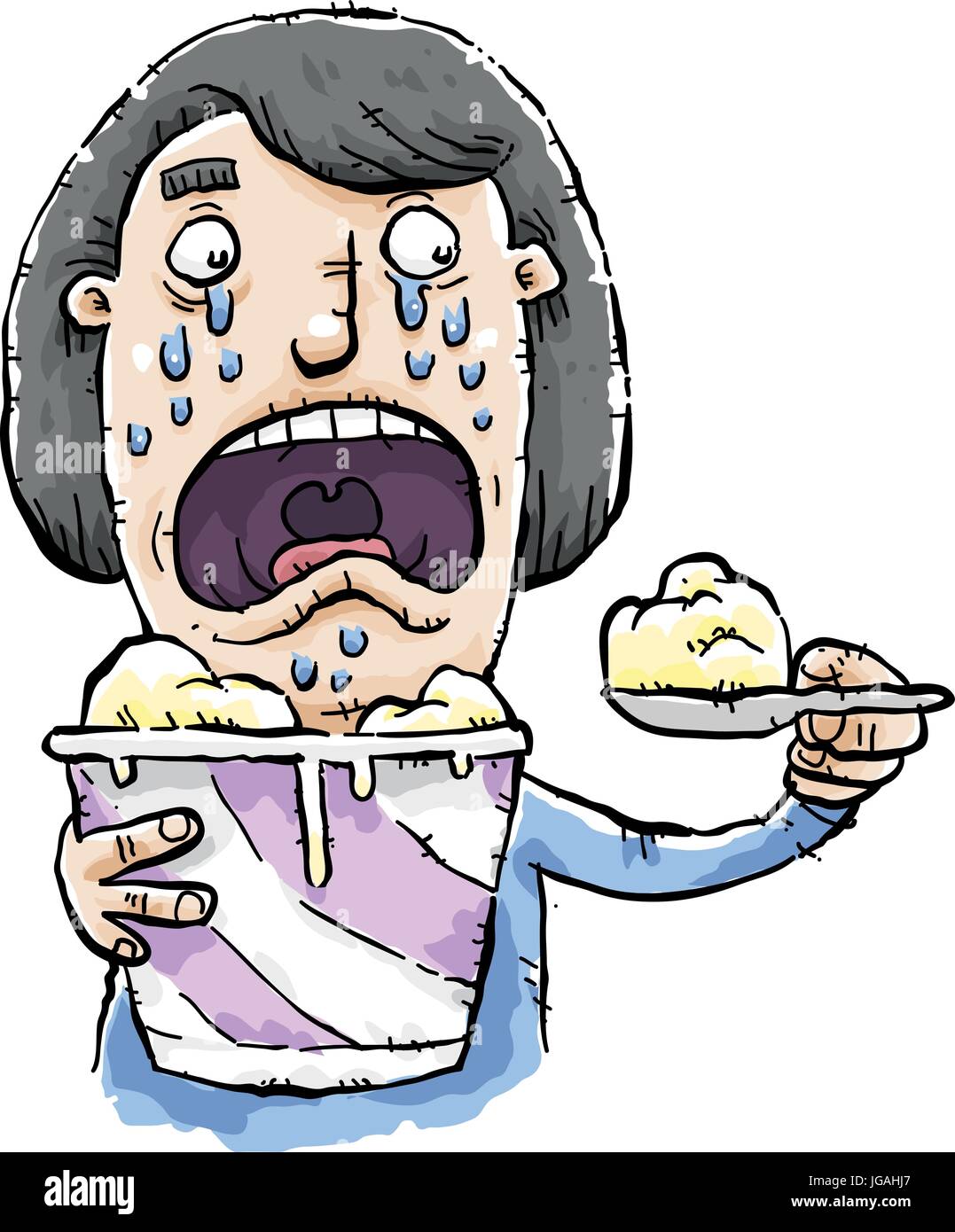 A sad cartoon woman comforts herself by eating ice cream Stock Vector ...