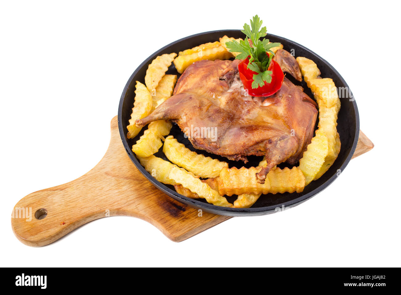 Fried chicken tabaka with french fries. Isolated on a white background ...
