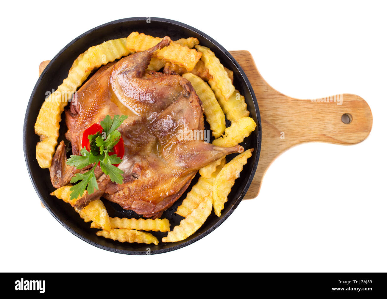 Fried chicken tabaka with french fries. Isolated on a white background ...