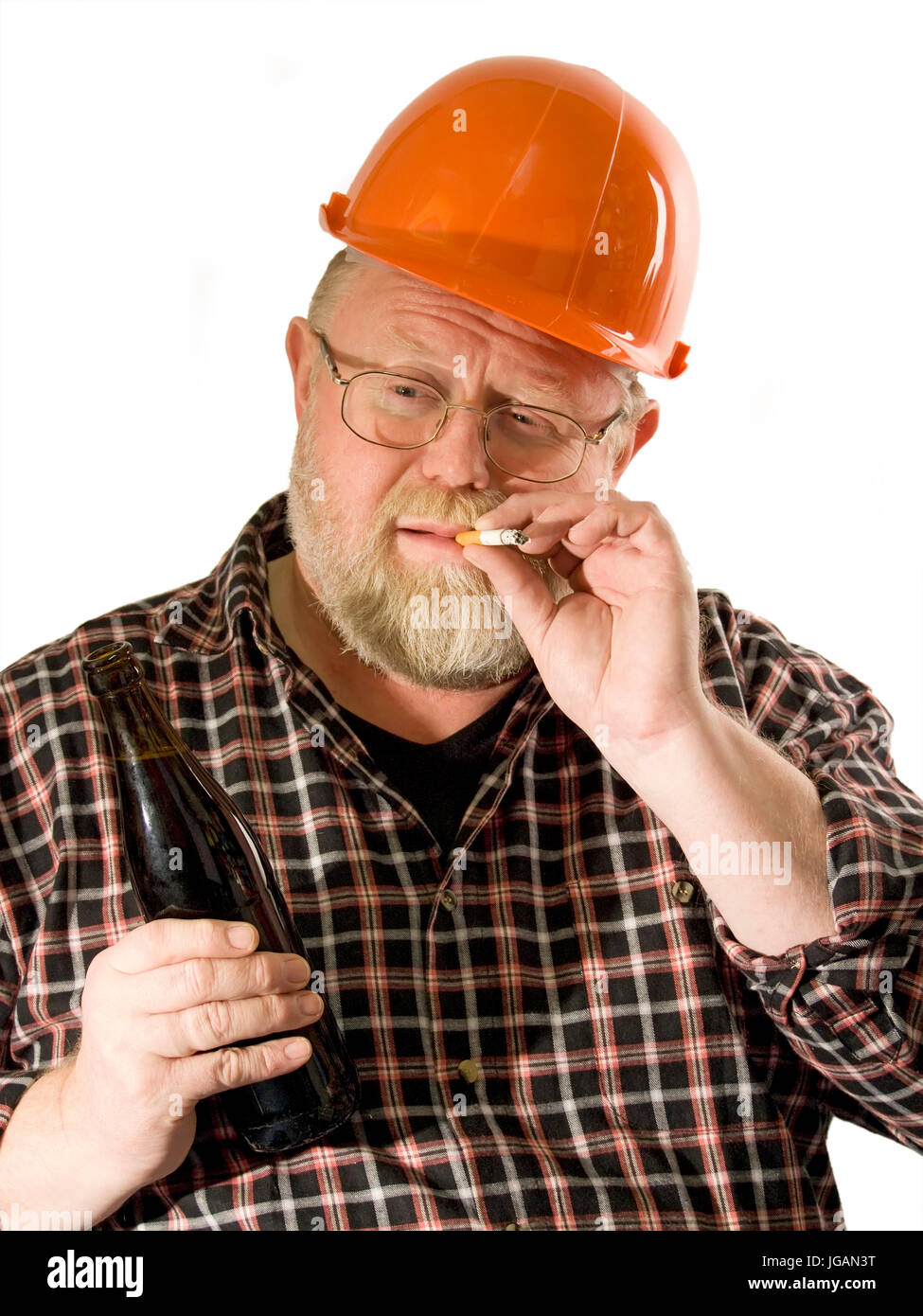 Smoking man with a bottle of beer on white background. Shot in studio ...