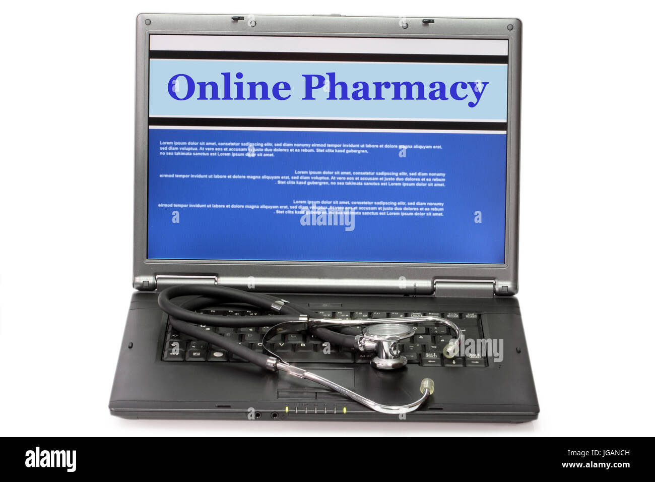 Online pharmacy- collage in laptop with stethoscope on white background ...
