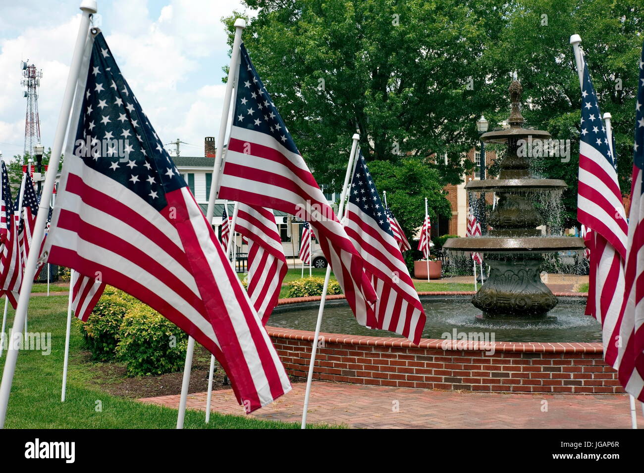 American flags displayed in town park for July 4th Independence Day ...