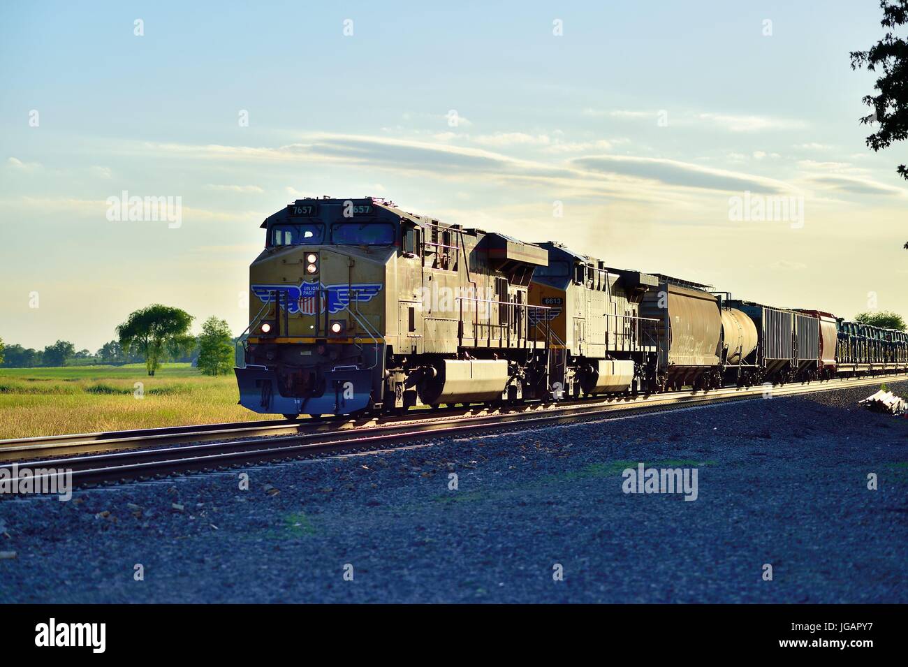 Union Pacific eastbound freight train destined for Chicago taking on a golden cast from the ...