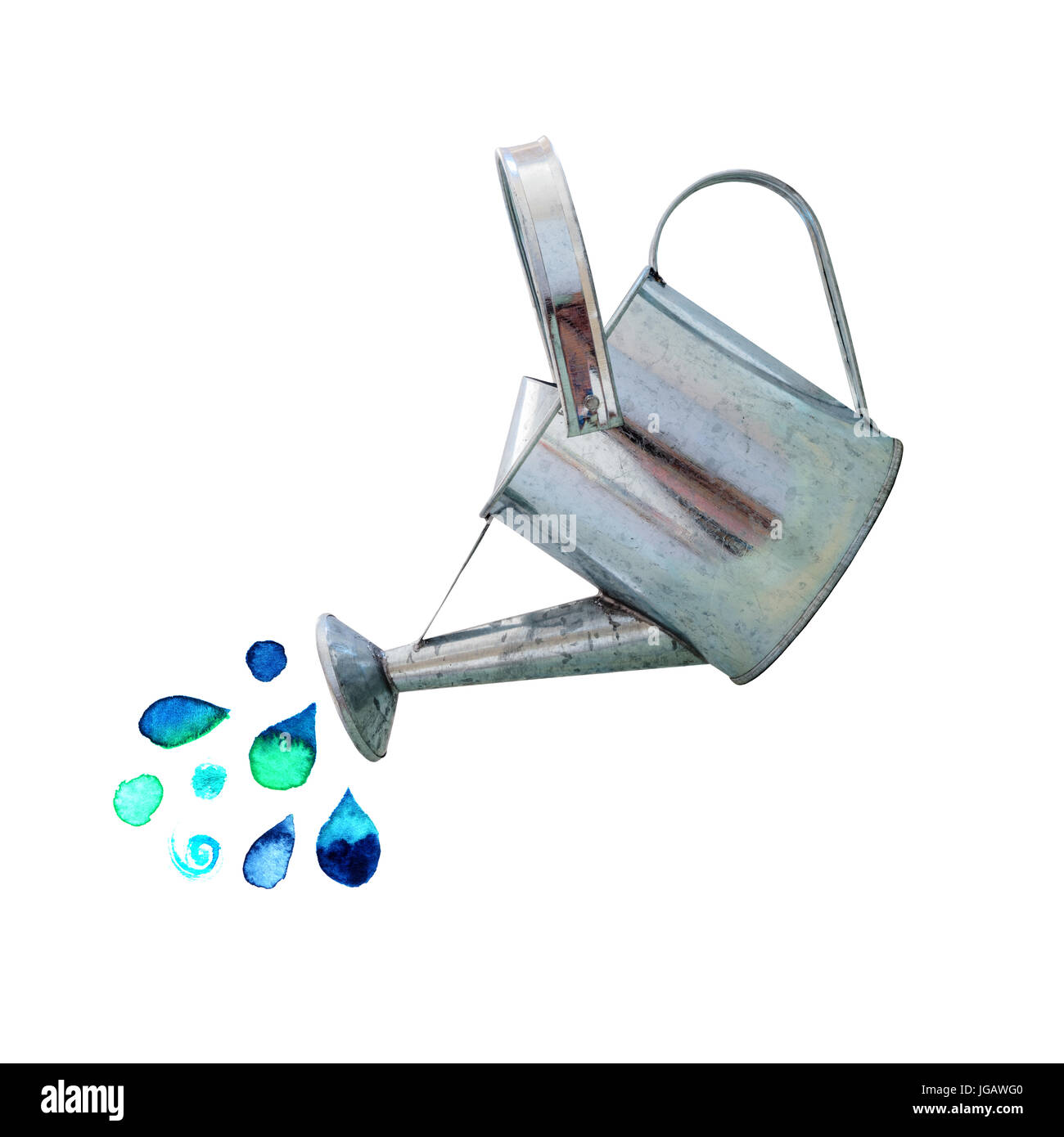 A photo of an old watering can with teal blue watercolor water drops ...
