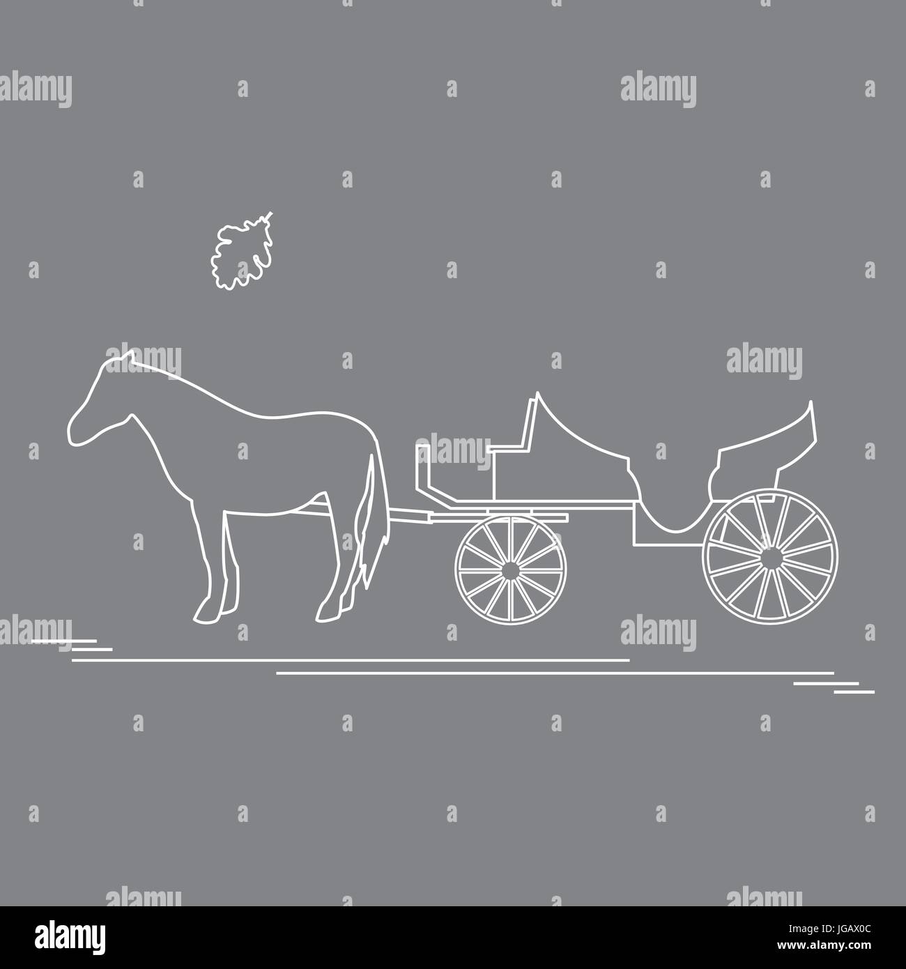 Vector illustration with horse-drawn carriage and oak leaf. Travel and ...