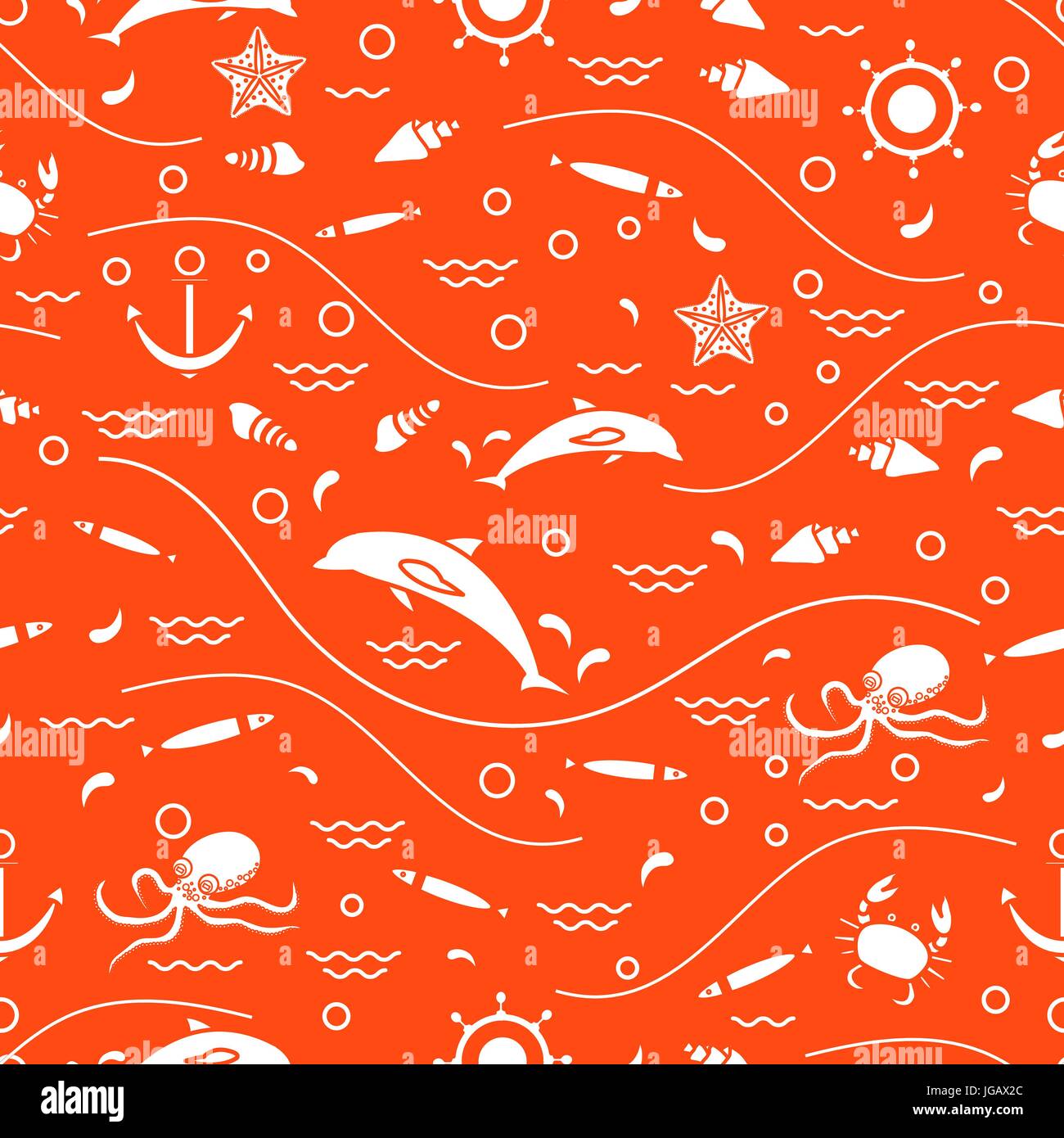 Cute seamless pattern with dolphins, octopus, fish, anchor, helm, waves ...